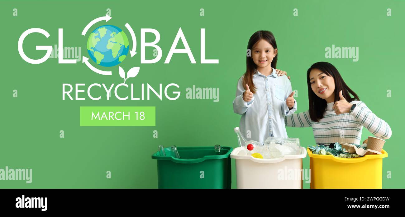 Banner for Global Recycling Day with family with recycle bins Stock ...