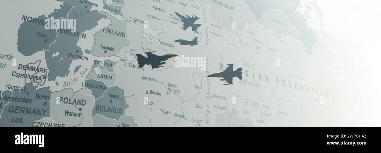 Military jets soaring above a stark monochromatic map detailing the ...