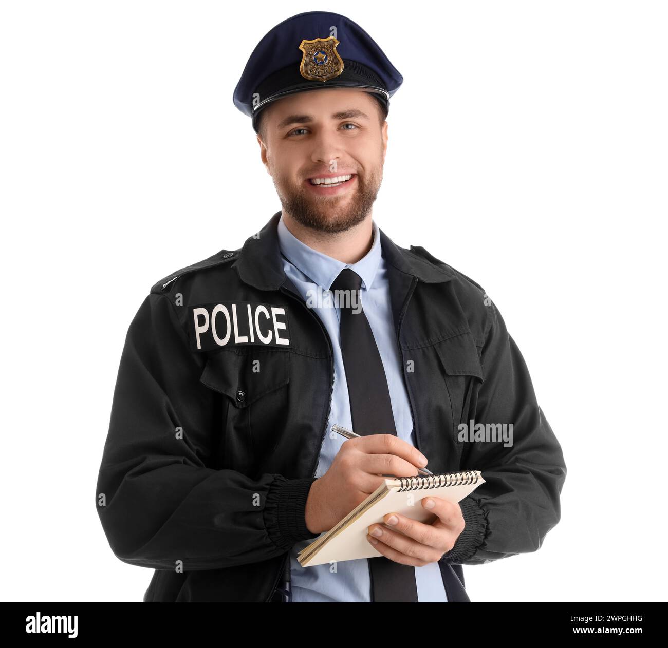 Male police officer with notebook on white background Stock Photo - Alamy