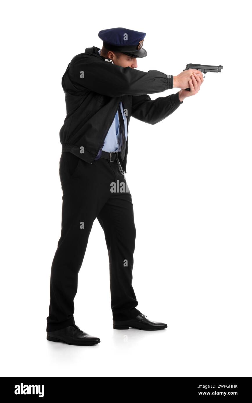 Male police officer wearing uniform with gun on white background Stock ...