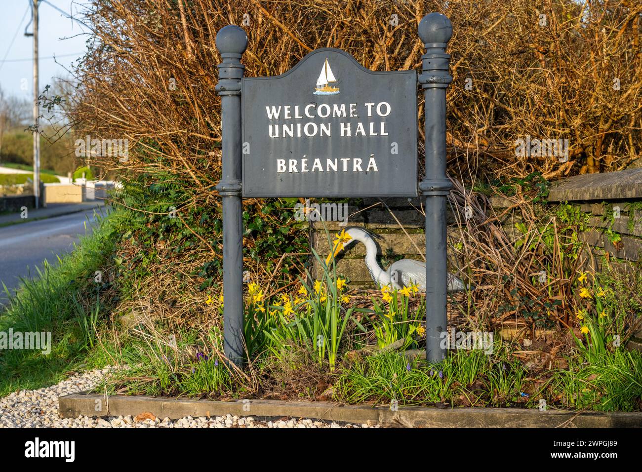 Welcome to Union Hall sign, Union Hall, West Cork, Ireland Stock Photo ...