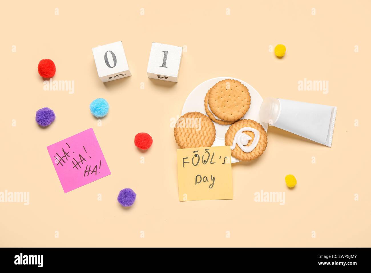 Cookies with toothpaste, decor and sticky notes on beige background ...