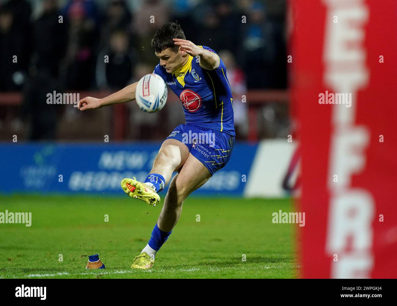 Warrington Wolves' Josh Thewlis kicks a conversion during the Betfred ...