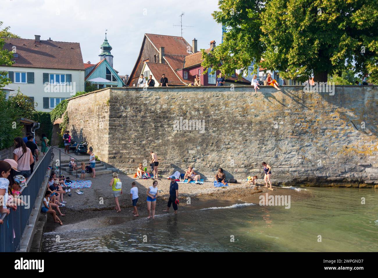 lake Bodensee Lake Constance, fortification wall, bather Lindau ...