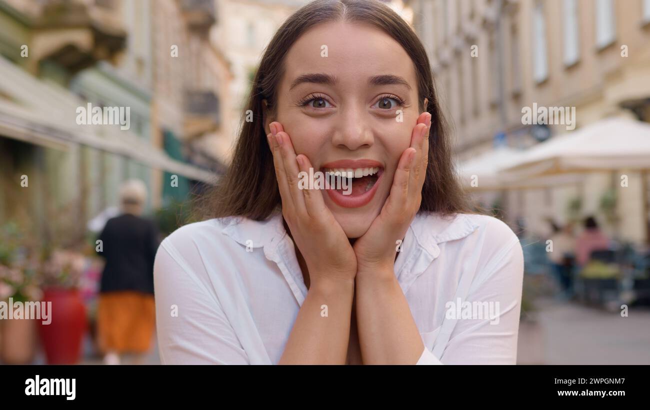 Close Up Portrait European Surprised Woman Open Mouth Shocked Caucasian
