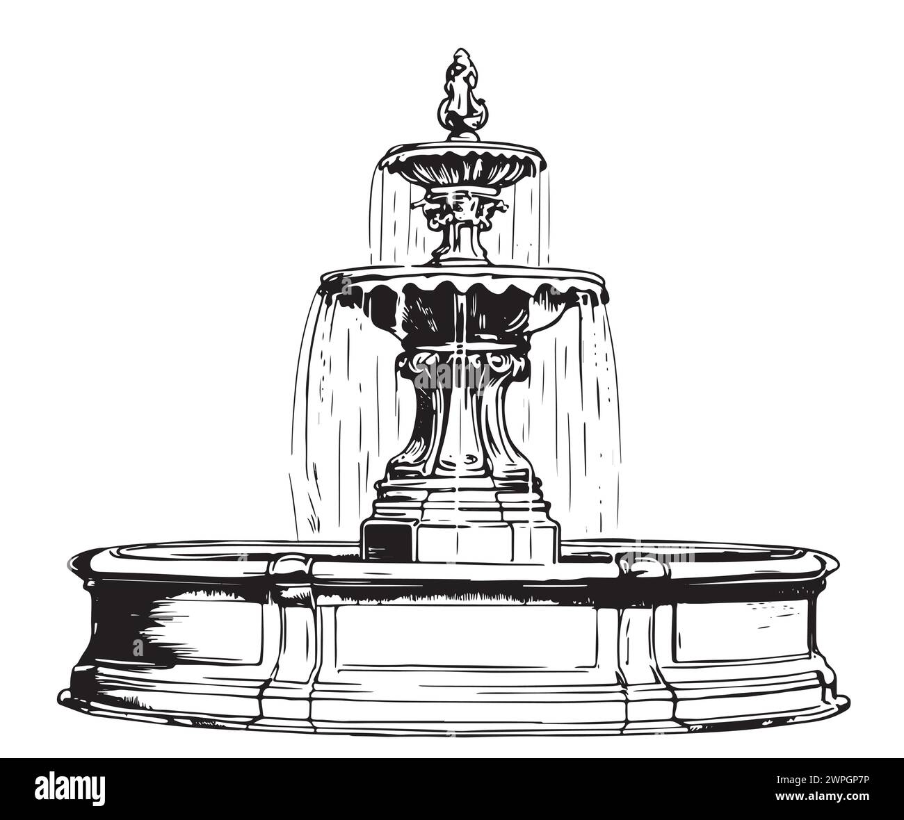Fountain. Doodle style. Beautiful outdoor marble fountain. Sketch ...