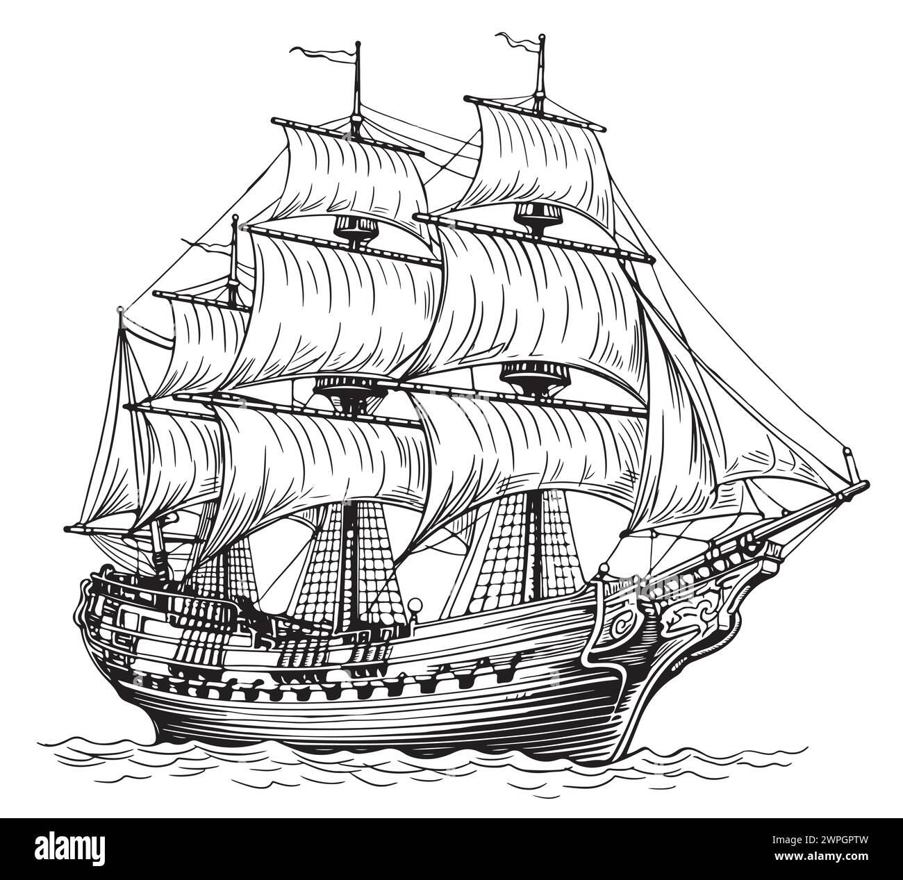 Pirate ship sailboat retro sketch hand drawn engraving style Vector ...