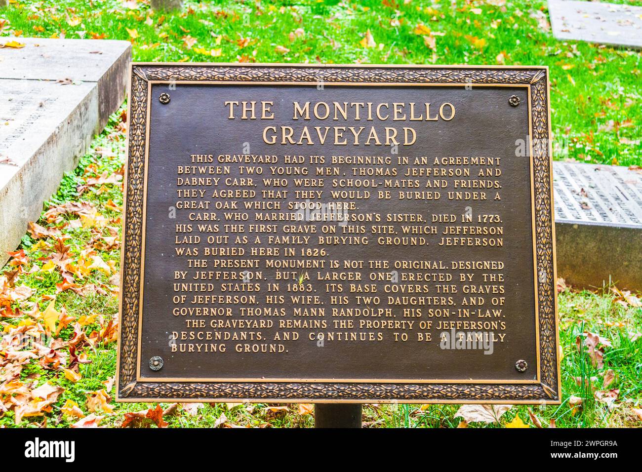 Sign at historic Monticello graveyard at Monticello Plantation in Virginia Stock Photo - Alamy