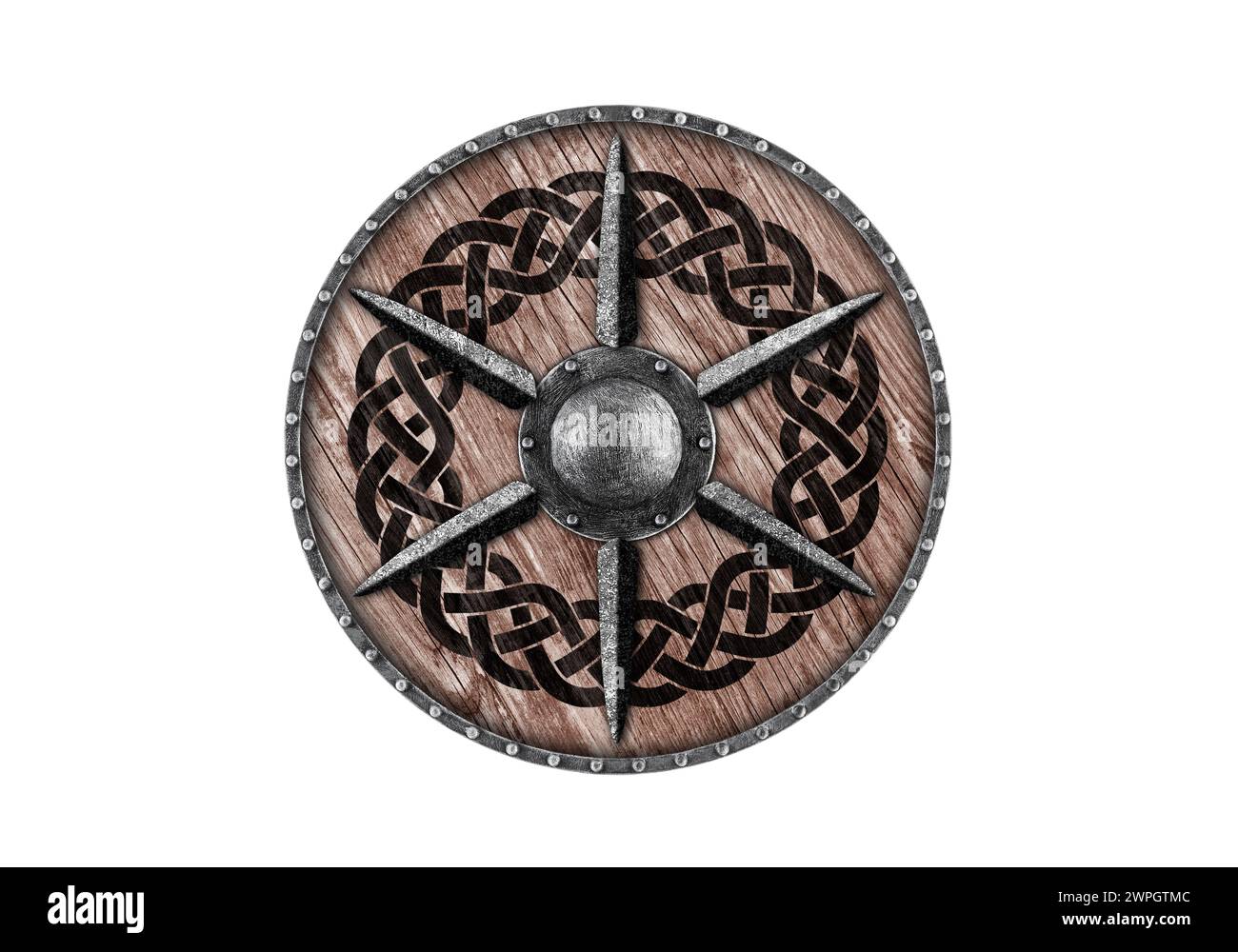 Old decorated wooden round shield isolated on white background Stock ...
