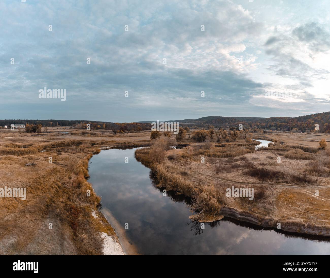Aerial river turn in autumn with cloudy sky, reeds and golden trees ...