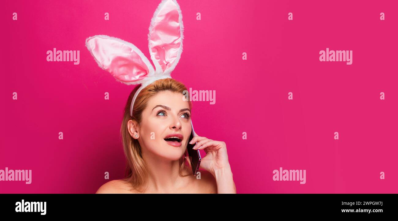 Easter banner with bunny woman. Easter bunny girl. Portrait shocked ...
