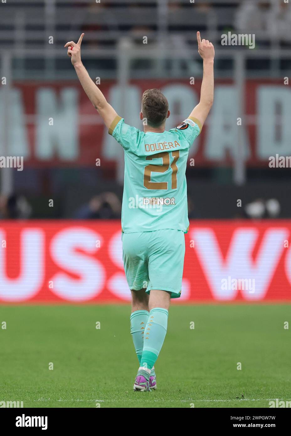 Milan, Italy. 7th Mar, 2024. David Doudera of Slavia Praha celebrates ...