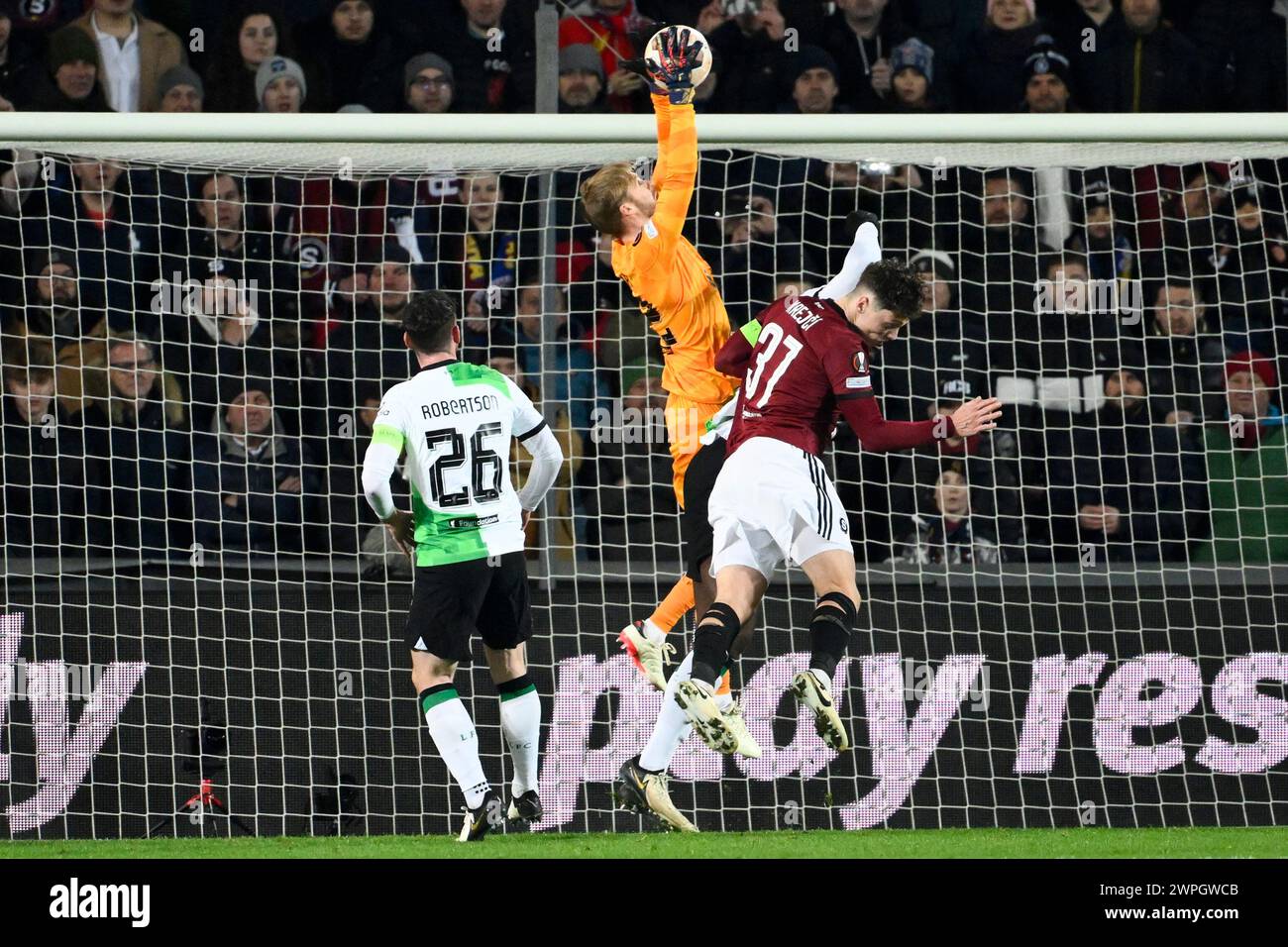 Prague, Czech Republic. 07th Mar, 2024. Goalie of Liverpool Caoimhin ...