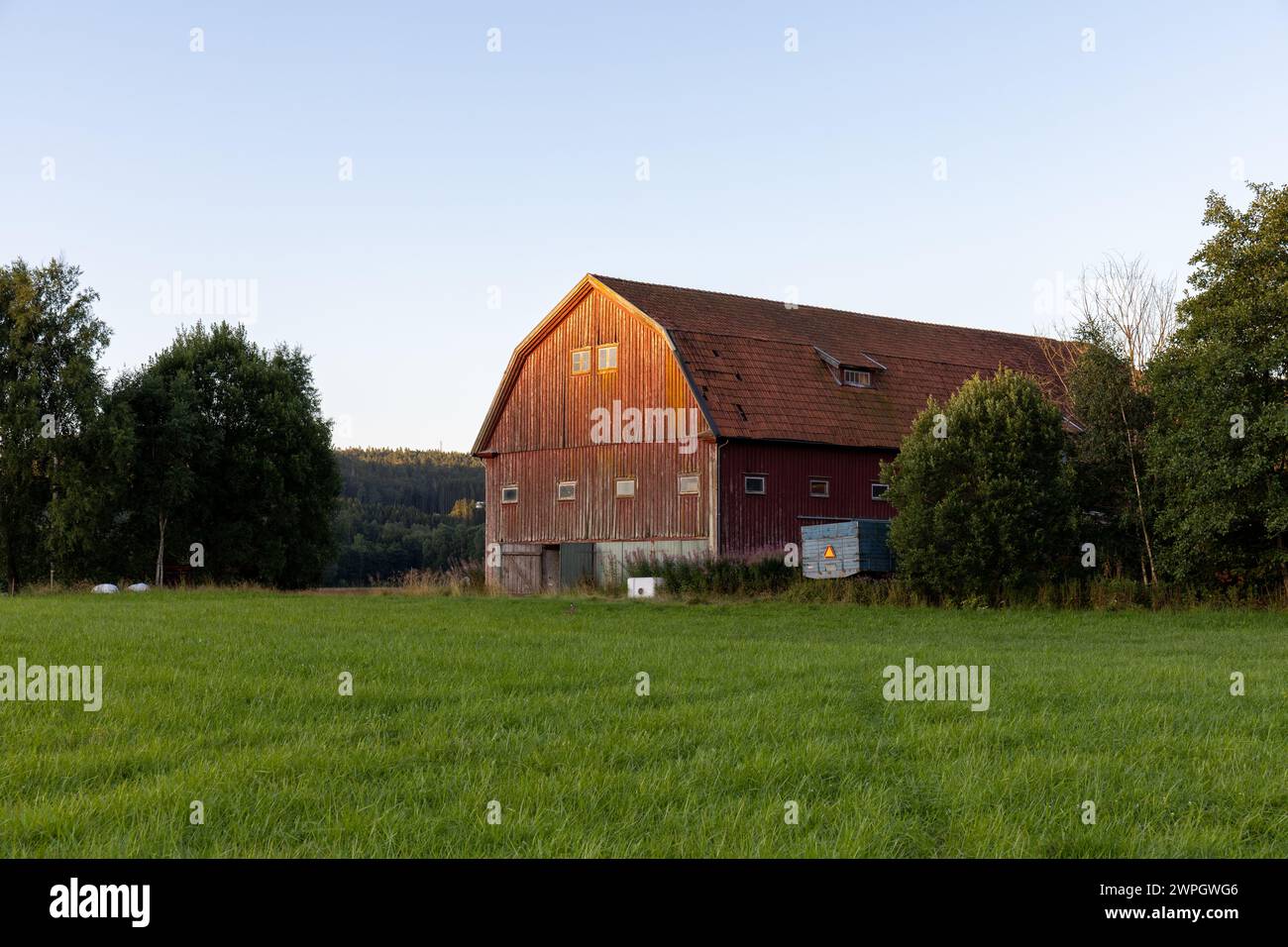 Red barn on edge of green field with wall illuminated by morning sun ...