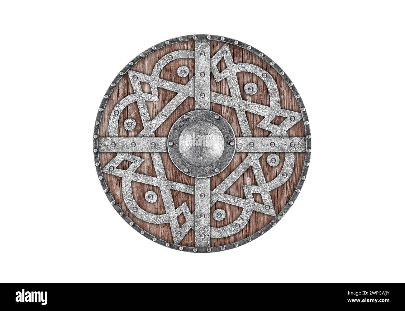 Old decorated wooden round shield isolated on white background Stock ...