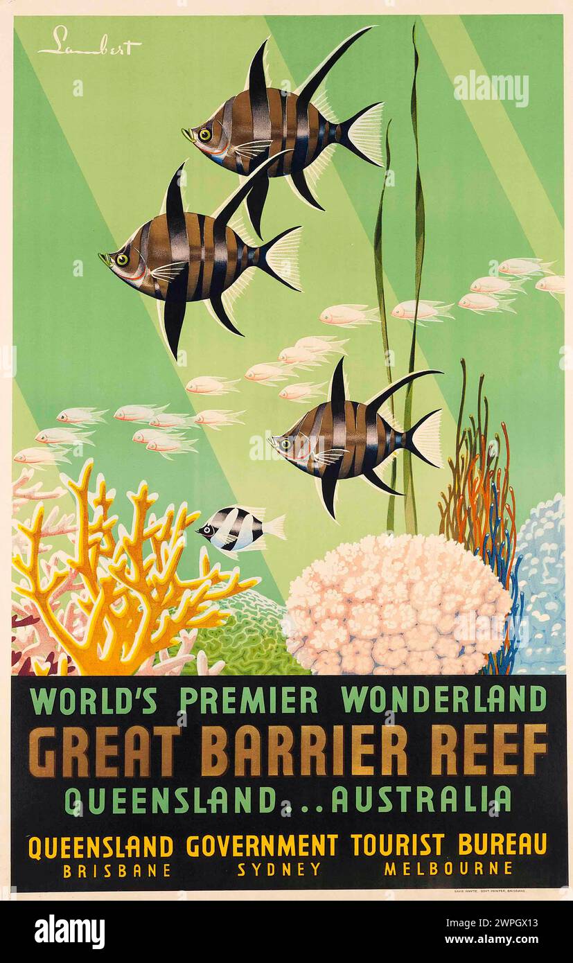 Vintage Travel Poster for Great Barrier Reef, Queensland Australia by ...