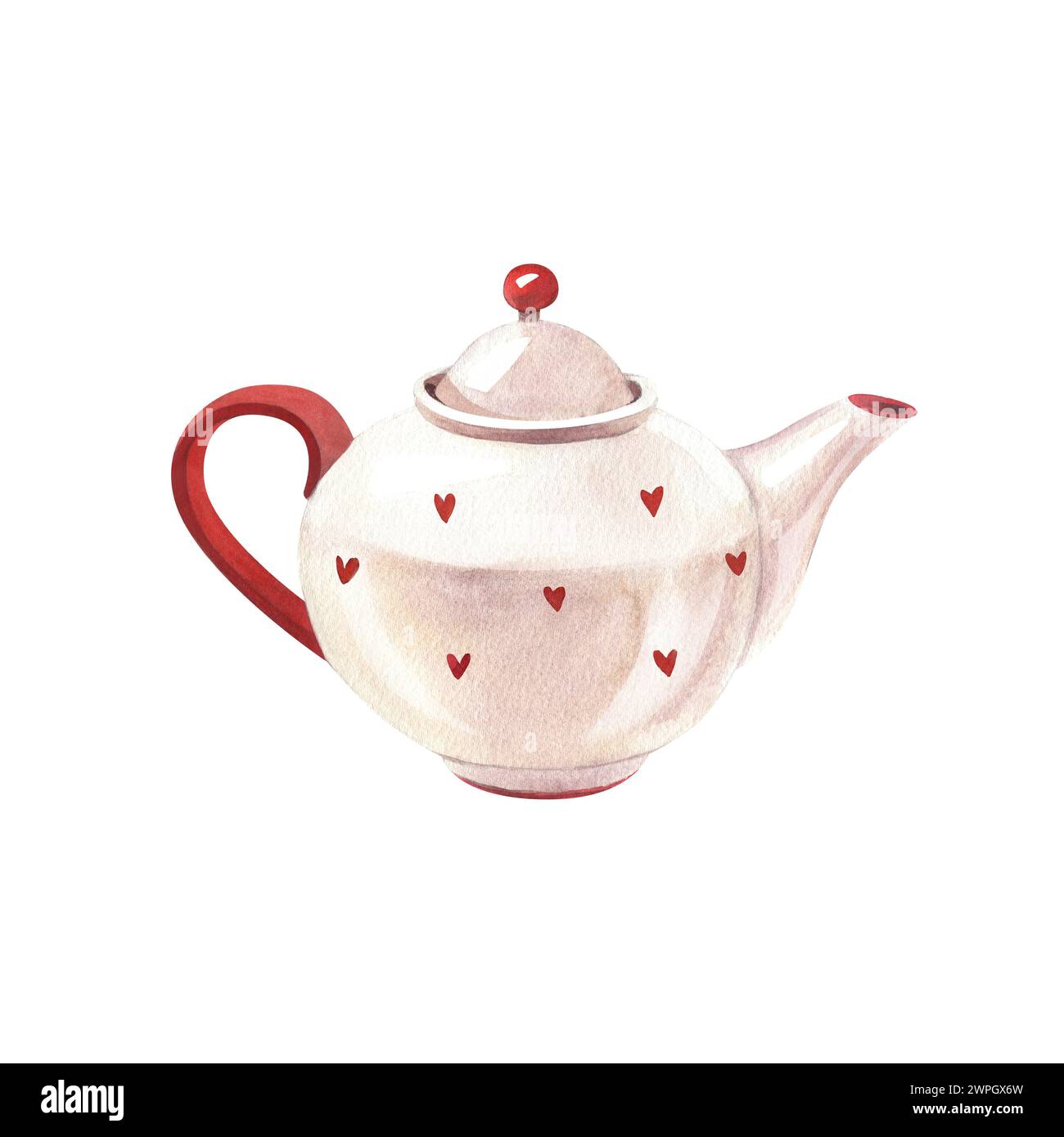 Porcelain ceramic white teapot for tea with red hearts. Watercolor hand ...