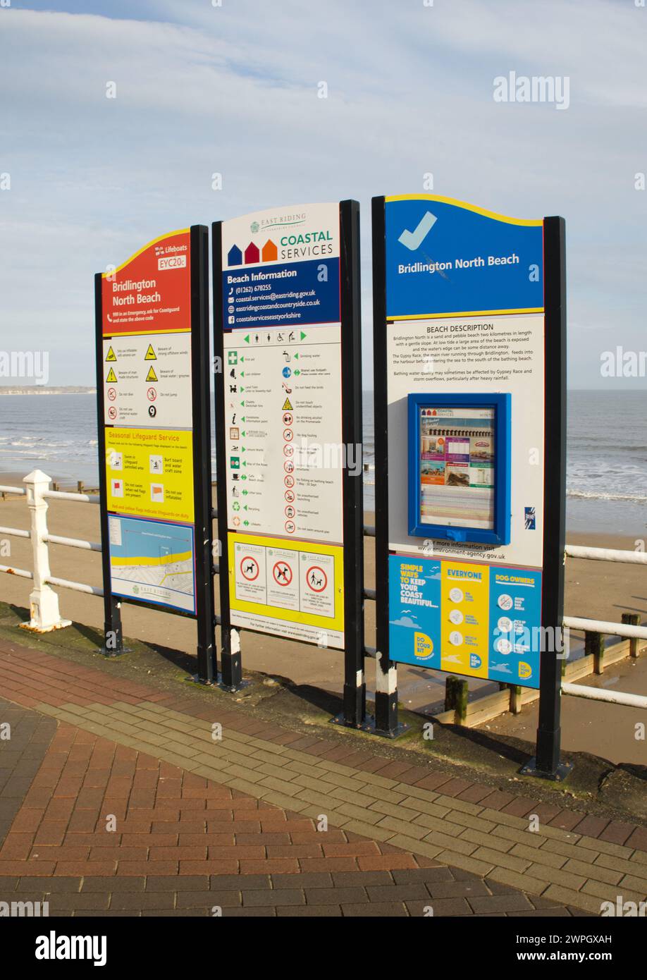 Beach Hazards and safety signs at Bridlington with health and safety ...