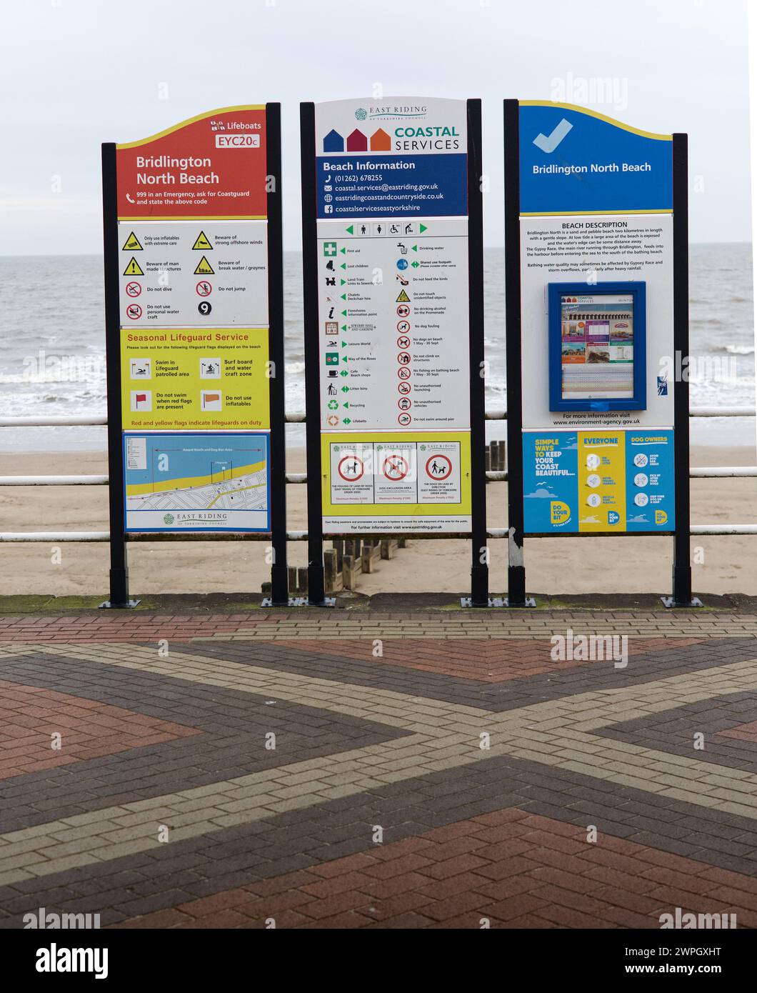 Beach Hazards and safety signs at North Beach, Bridlington with health ...