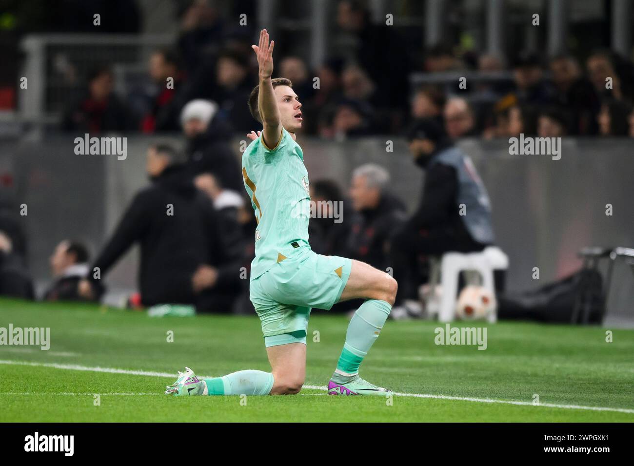 Milan, Italy. 7 March 2024. David Doudera of SK Slavia Praha celebrates ...