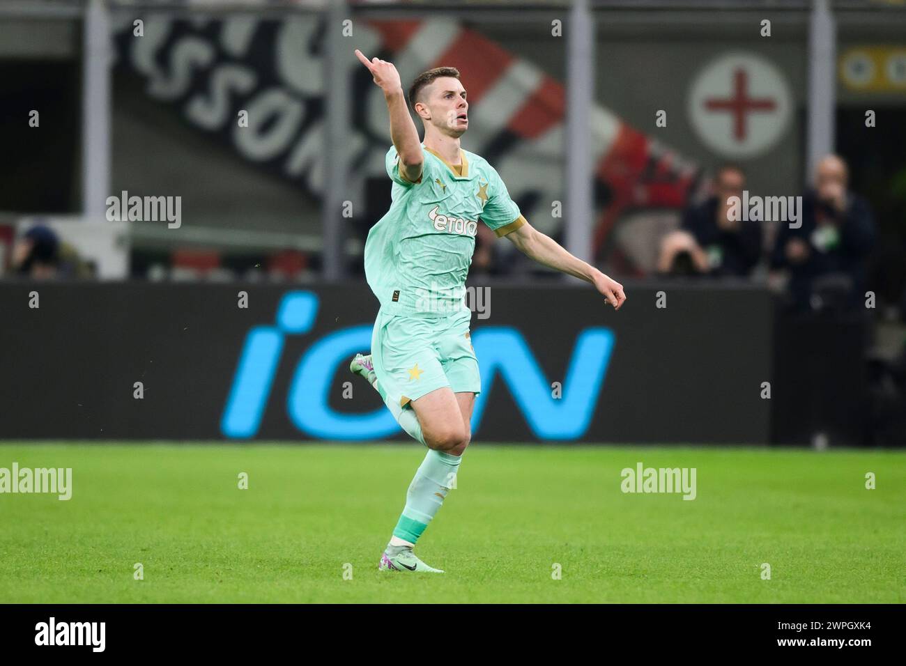 Milan, Italy. 7 March 2024. David Doudera of SK Slavia Praha celebrates ...