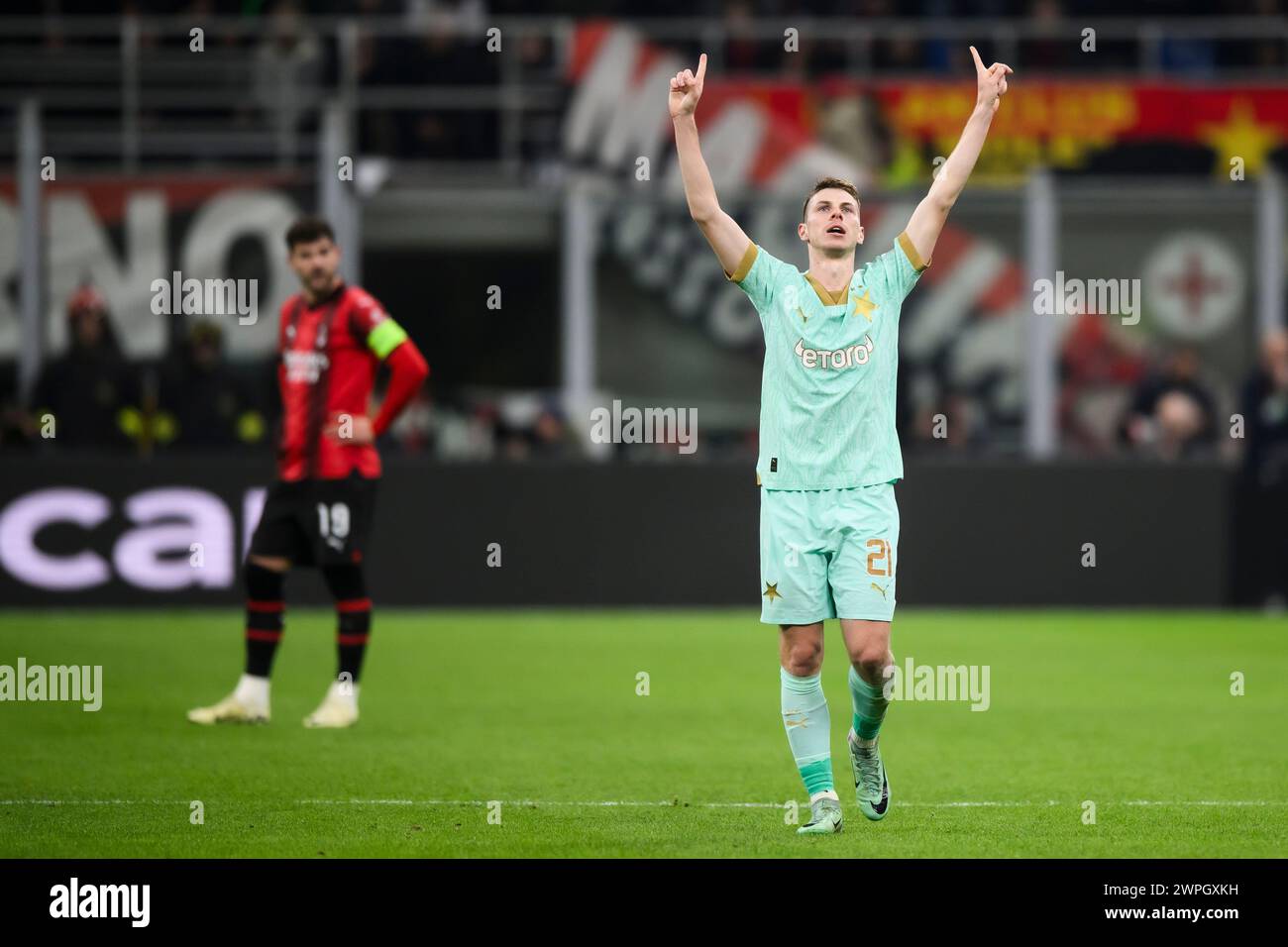 Milan, Italy. 7 March 2024. David Doudera of SK Slavia Praha celebrates ...