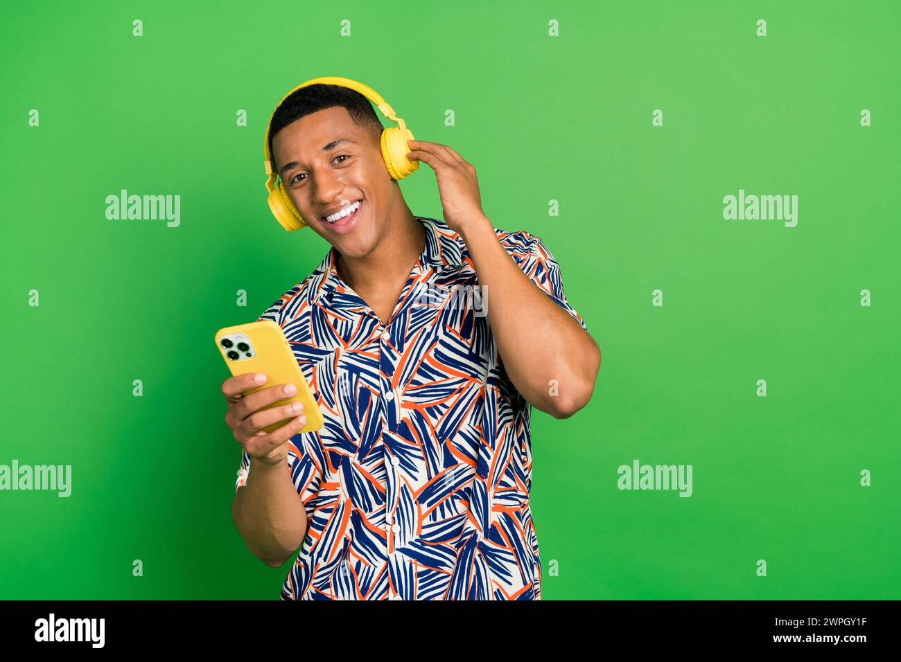 Photo of attractive nice man meloman wear stylish clothes enjoy songs ...