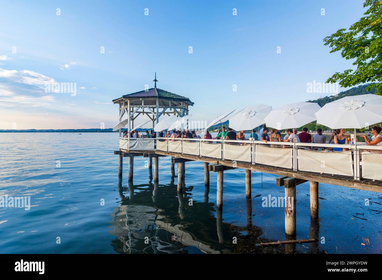 lake Bodensee Lake Constance, bridge Fischersteg with bar Bregenz ...