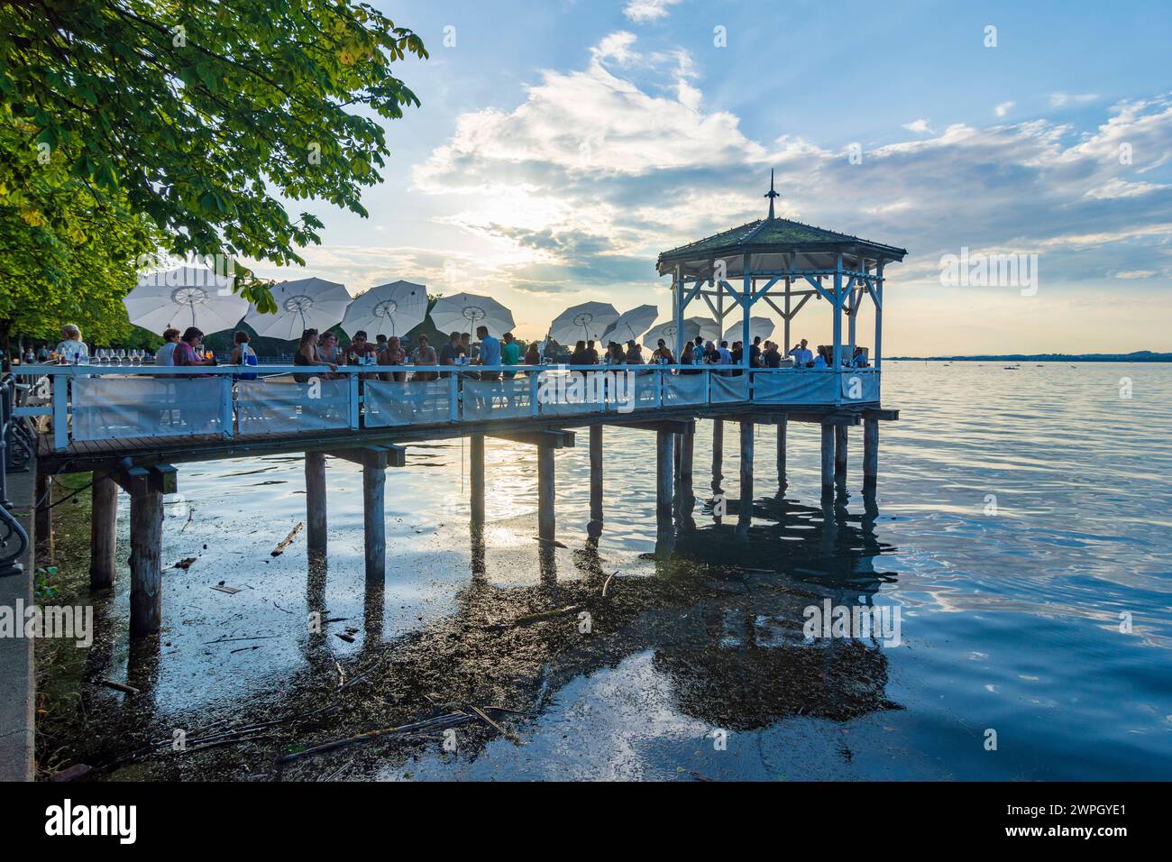 lake Bodensee Lake Constance, bridge Fischersteg with bar Bregenz ...