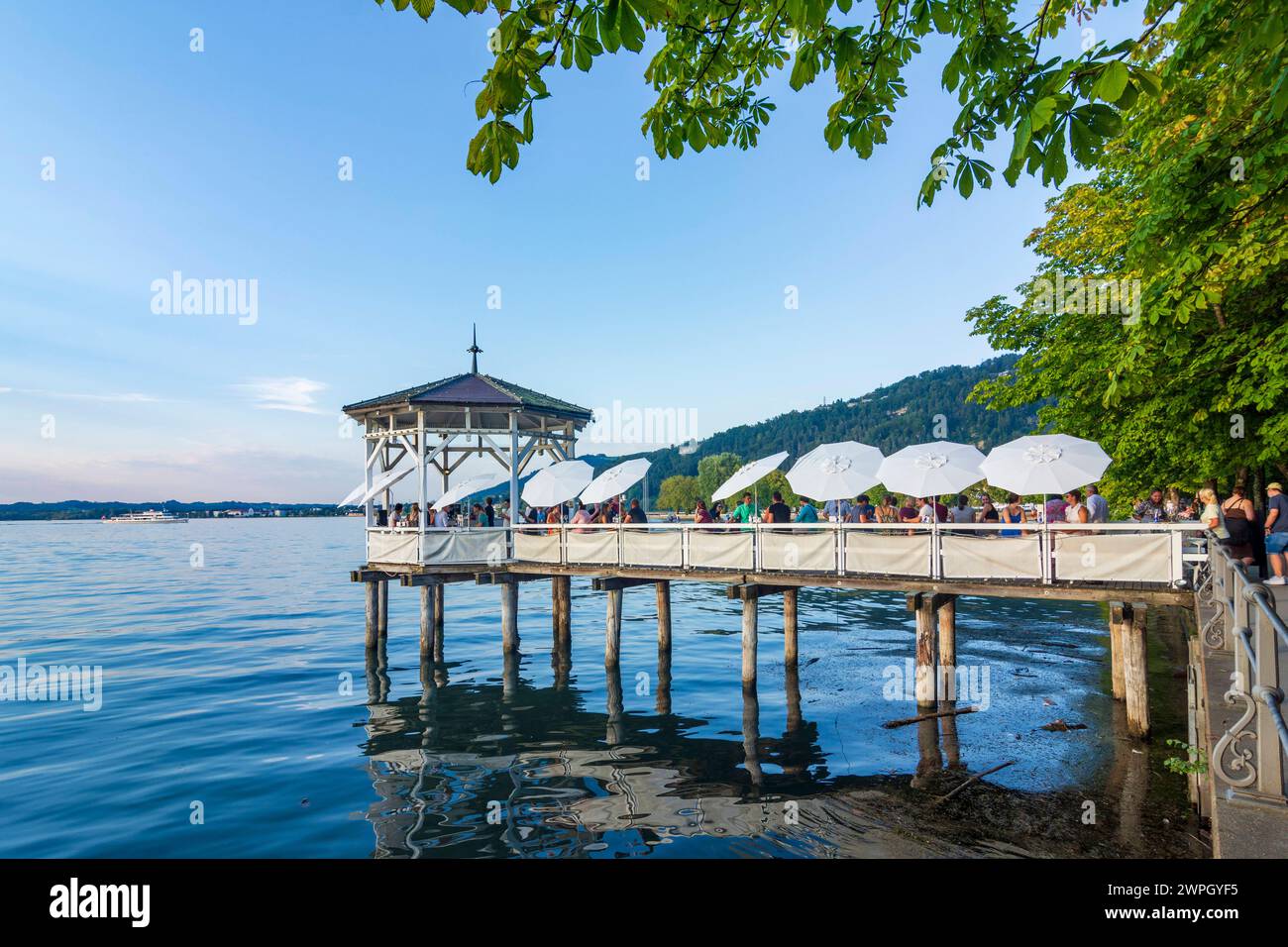 lake Bodensee Lake Constance, bridge Fischersteg with bar Bregenz ...
