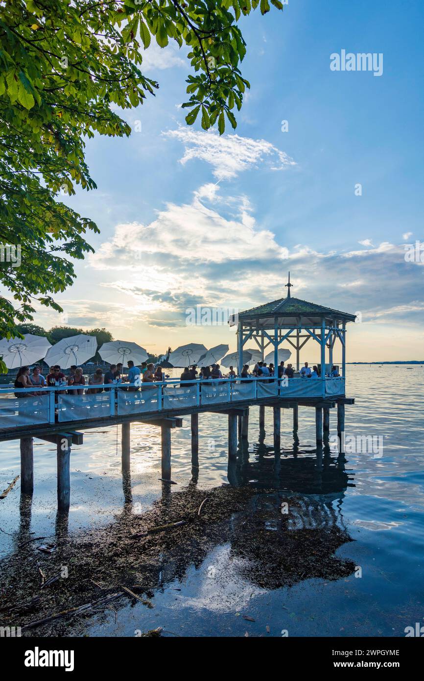 lake Bodensee Lake Constance, bridge Fischersteg with bar Bregenz ...