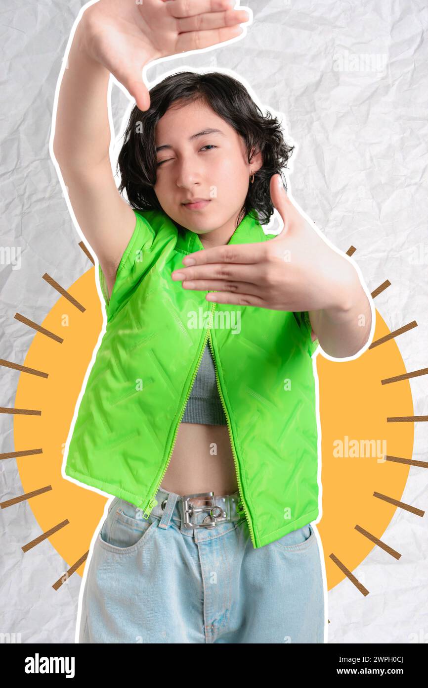 Creative photo, collage, young girl on a colorful background makes ...