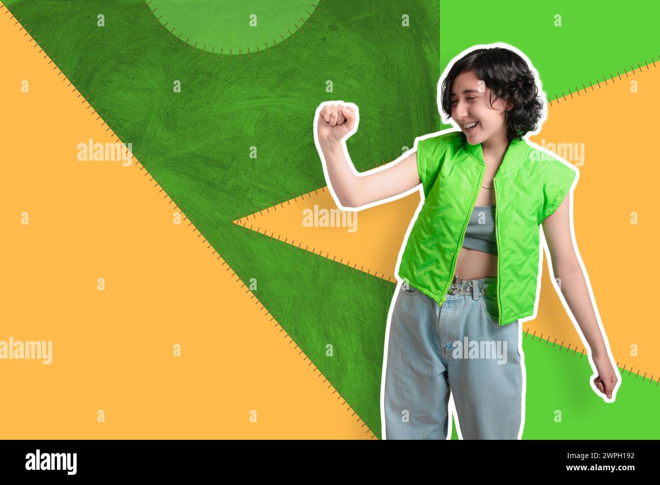 Creative photo, collage, young girl on a colorful background makes ...