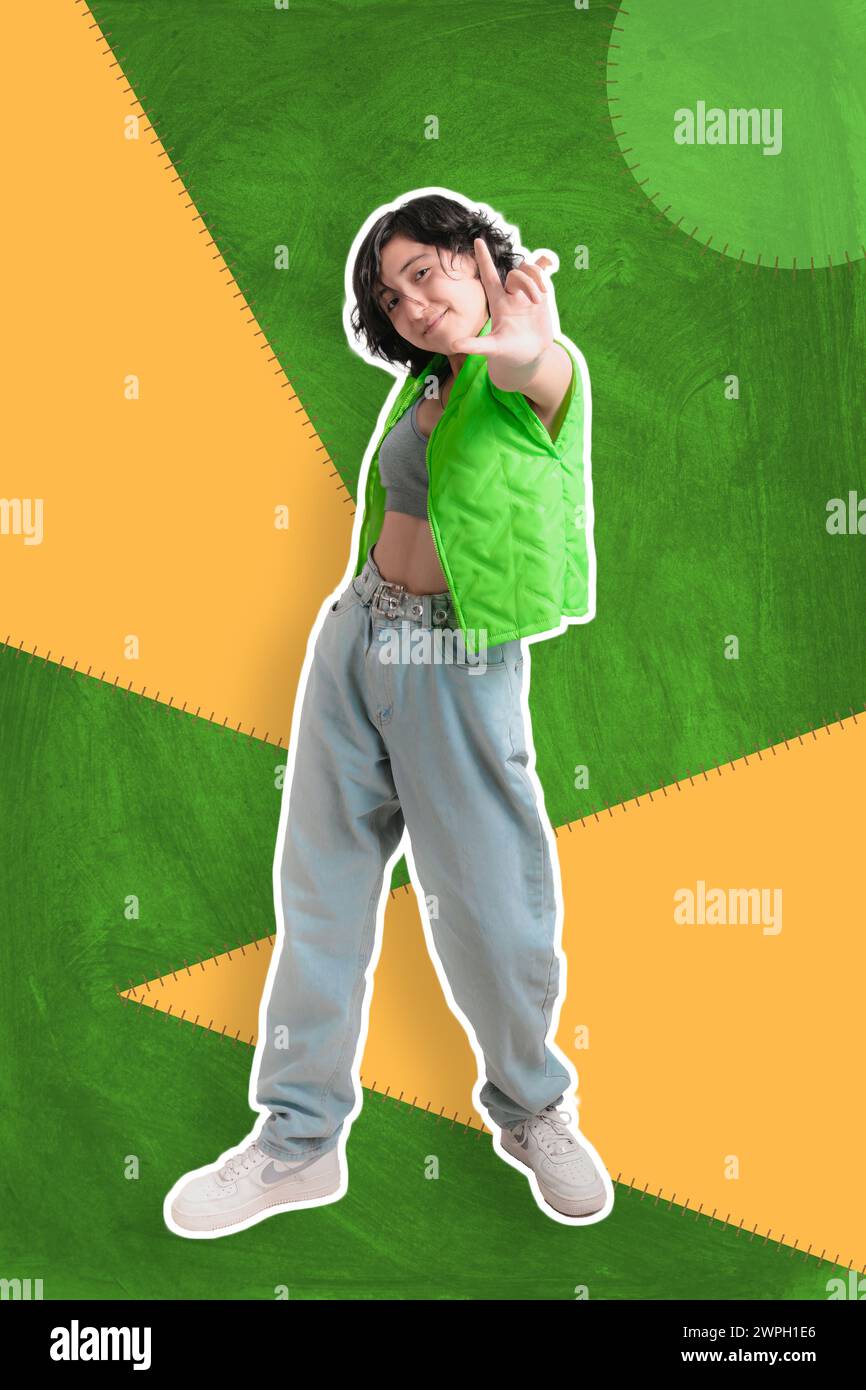 Creative photo, collage, young girl on a colorful background makes ...