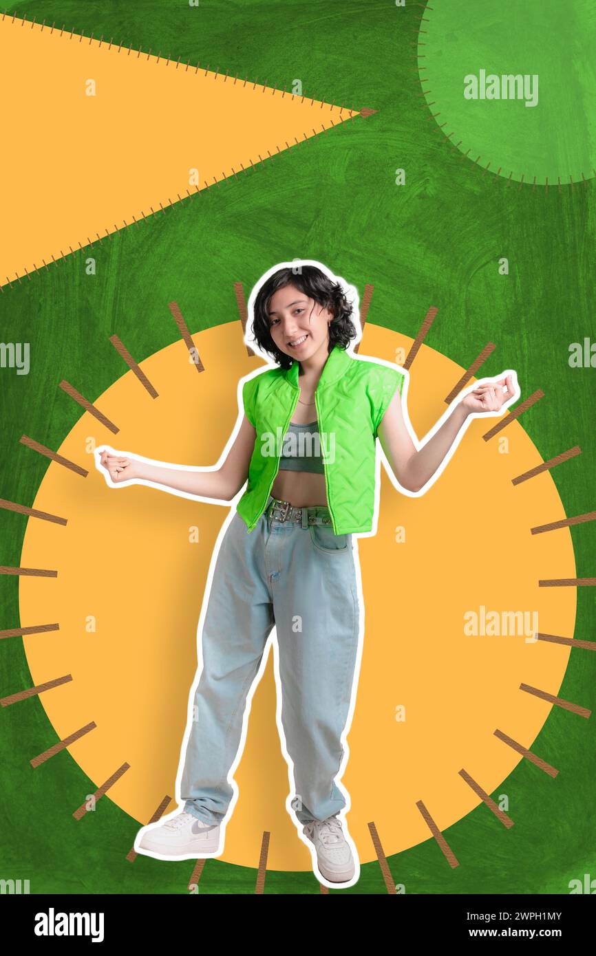 Creative photo, collage, young girl on a colorful background makes ...