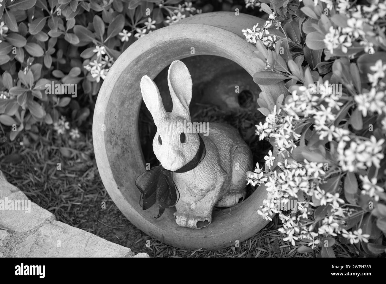 Rabbit figurine in garden pot. Rabbit sculpture in garden. White rabbit ...