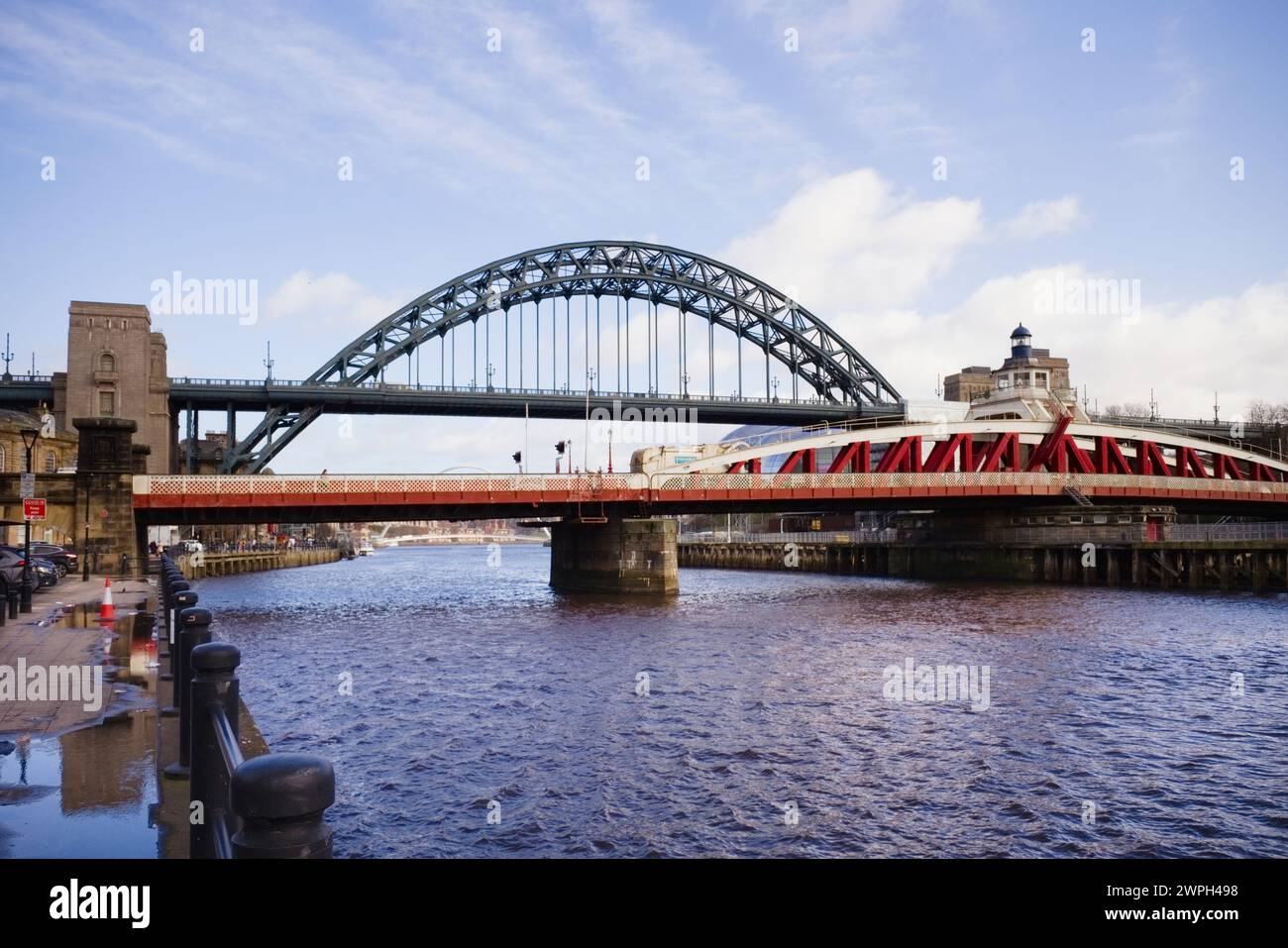The lower swing bridge in front of the high bridge over the river Tyne ...