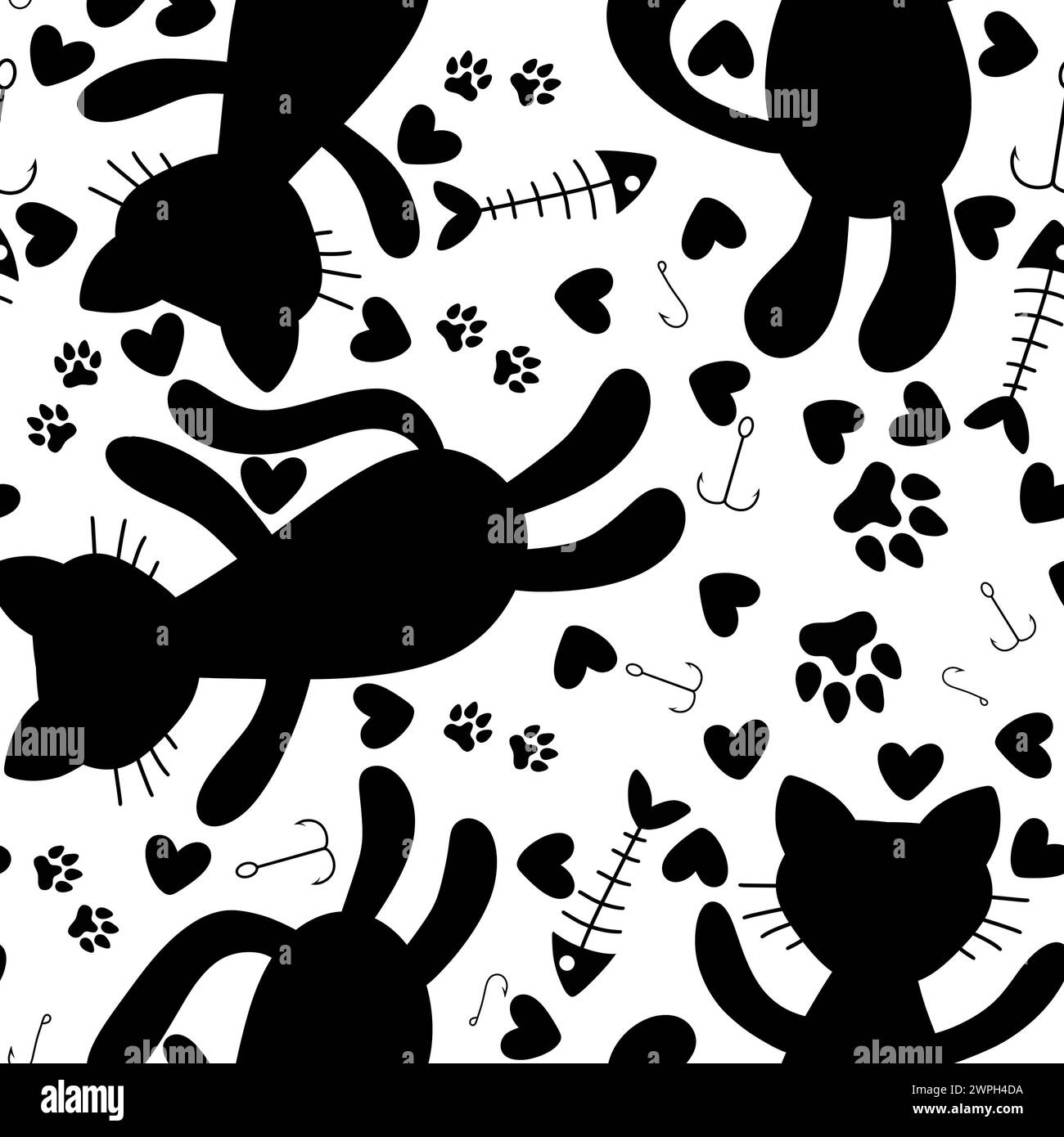 Cartoon animals accessories seamless cats and ball of threads and fish ...