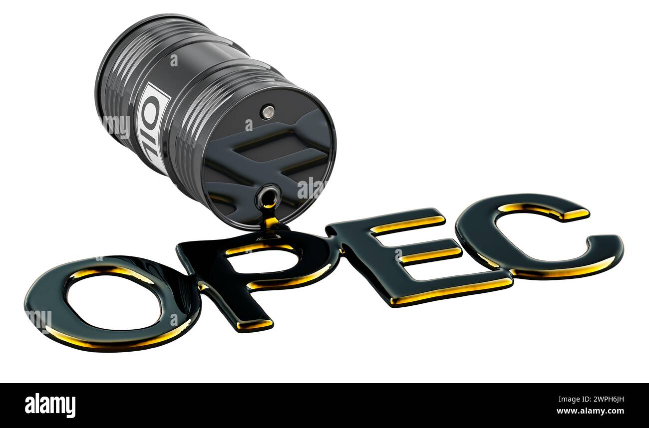 Crude oil spilled in the shape of OPEC word, 3D rendering isolated on the white background Stock ...