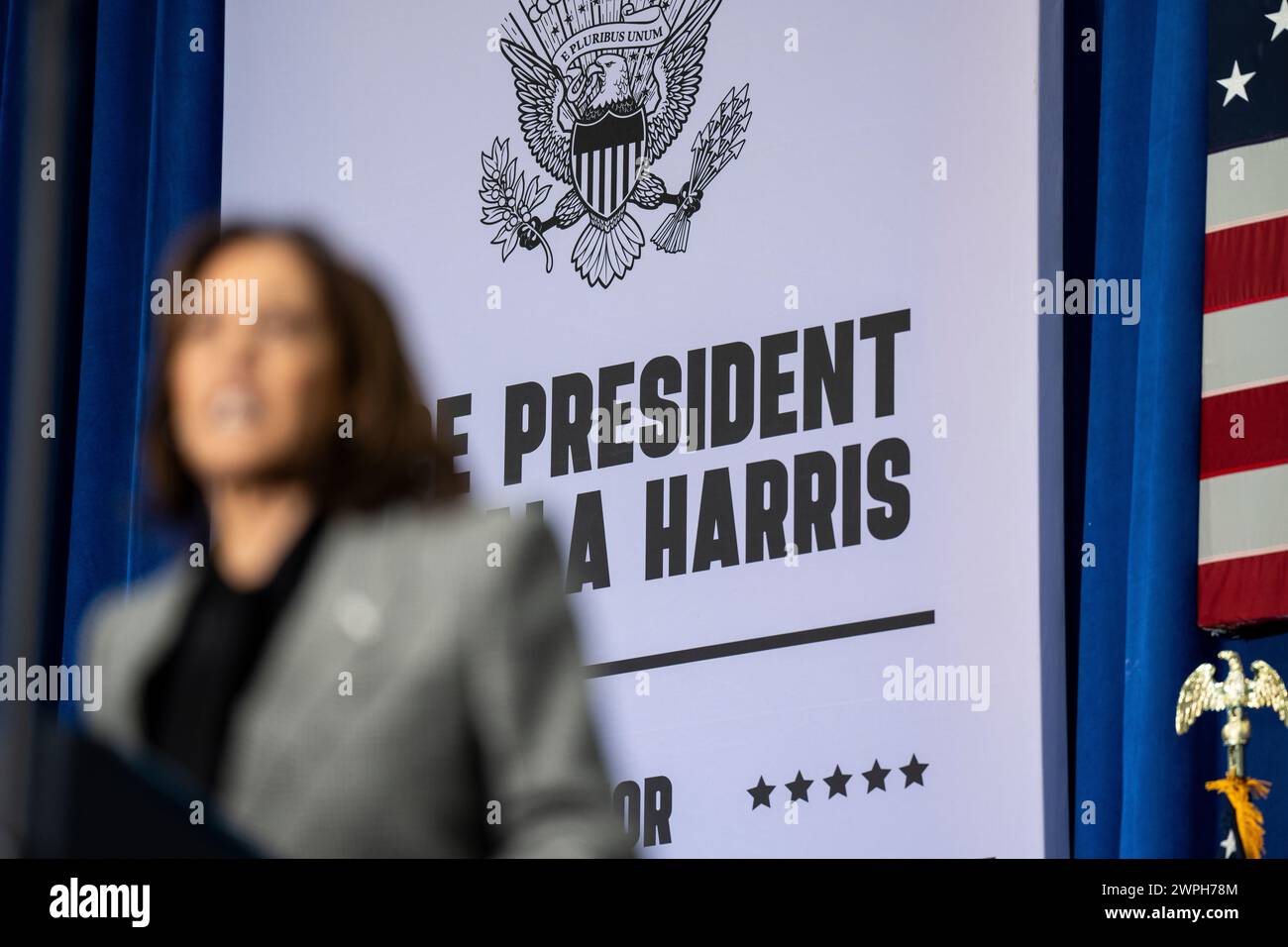 Blurry portrait of United States Vice President Kamala Harris giving a ...