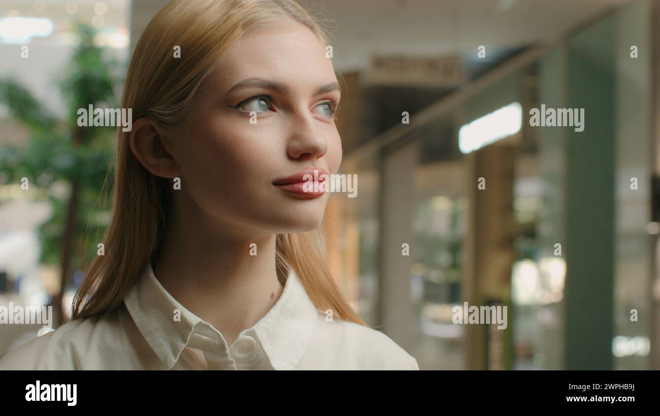 Thoughtful girl look distance pensive inspired Caucasian woman think ...