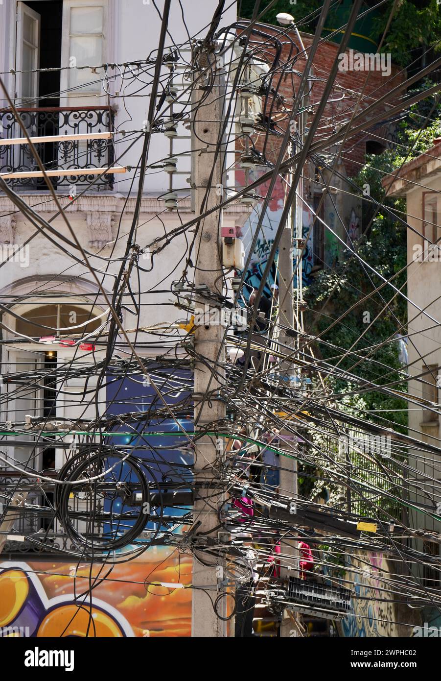 A mass of wires and cables attached to a telegraph pole Stock Photo - Alamy