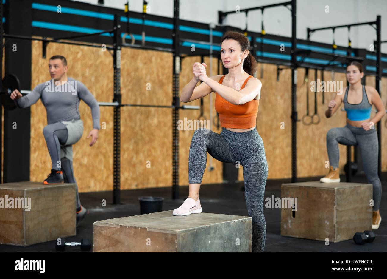 Woman practicing plyometric box step-ups during group training Stock ...