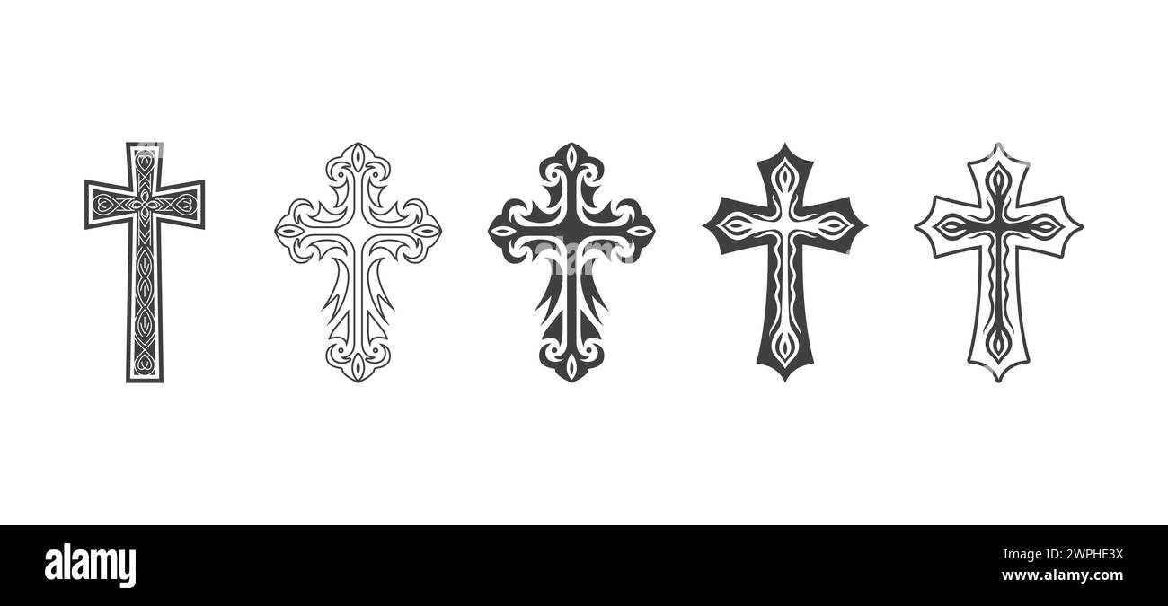 Flat Vector Black Christian Cross Icons Set Isolated on a White ...