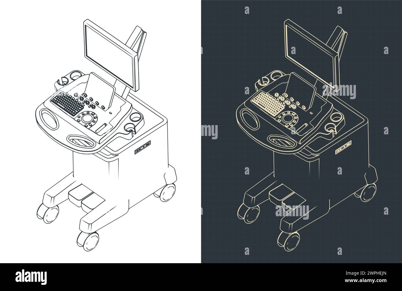 Stylized vector illustration of isometric blueprints of ultrasound ...