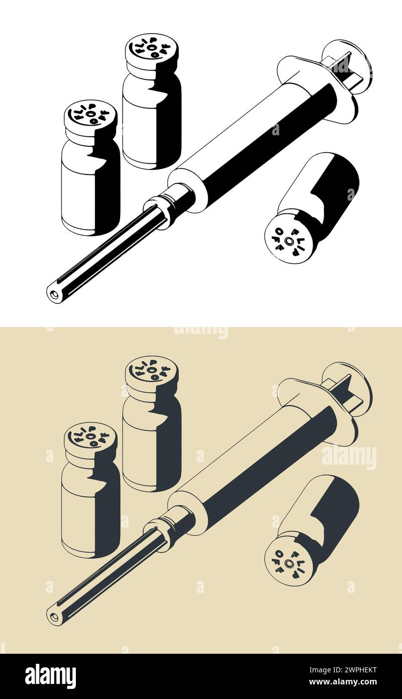 Stylized vector illustrations of a syringe and medical bottles for ...