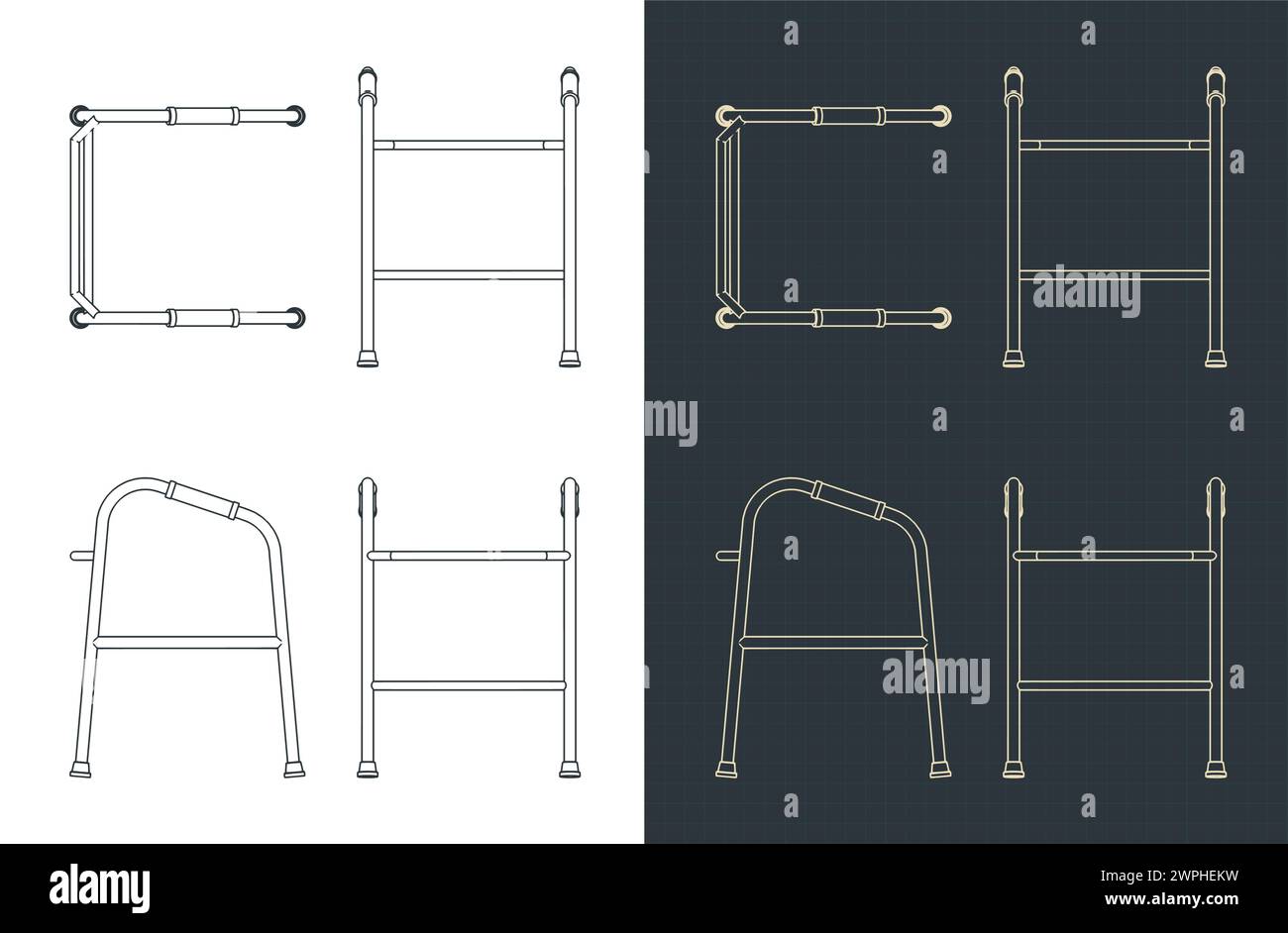 Vector illustrations of blueprints of walking aid with hand grip and ...