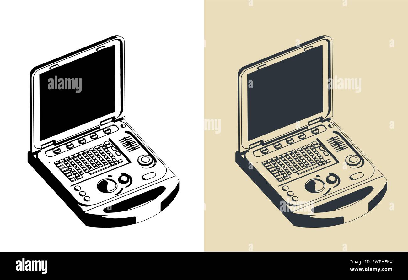 Stylized vector illustration of a compact diagnostic ultrasound system ...