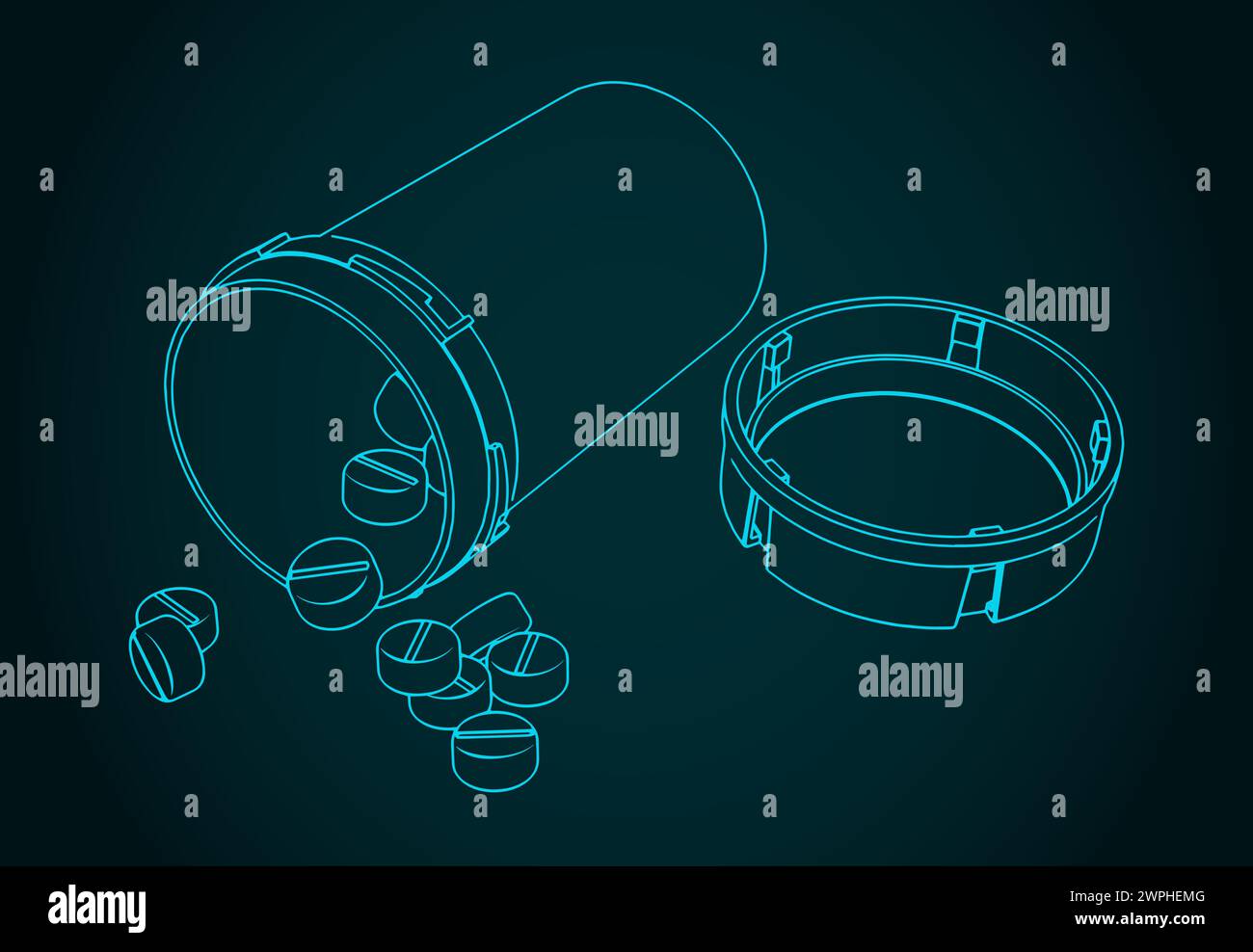 Stylized vector illustration of a pill jar with spilled pills Stock ...
