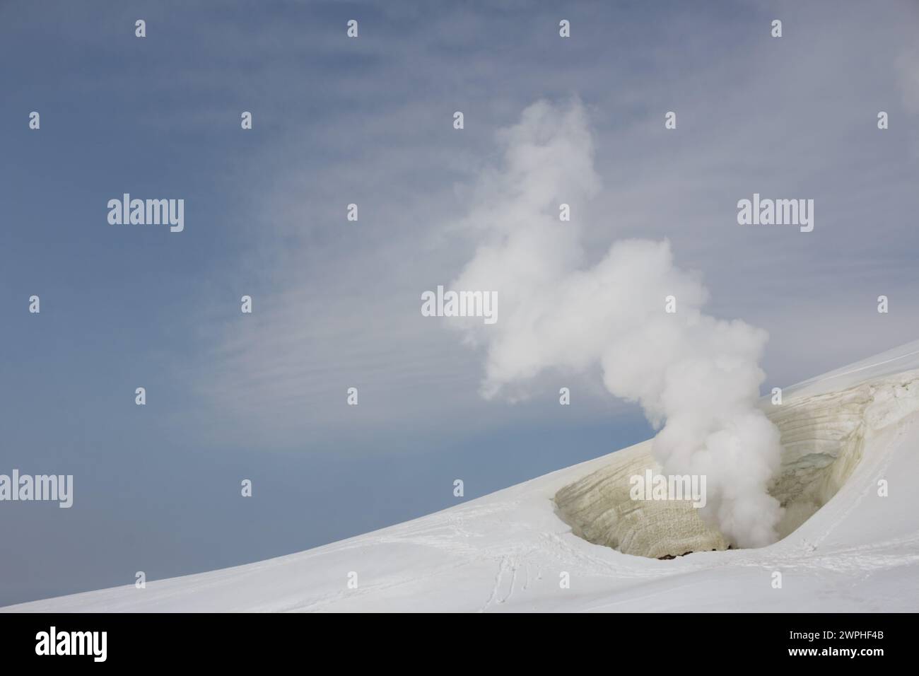 Clouds of steam rising from an active volcano vent, Daisetsuzan ...